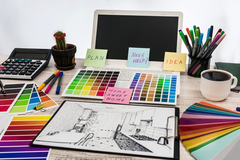 Workplace of Architect. Sketch Architectural Project with Engineering ...