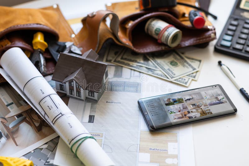 Workplace of Architect. Sketch Architectural Project with Engineering ...