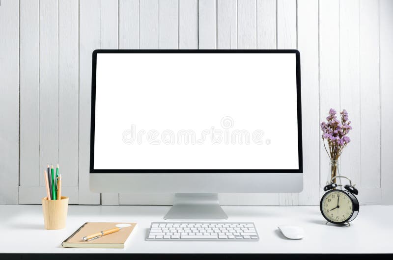 Workplace Background with Blank White Screen Modern Desktop Comp Stock ...