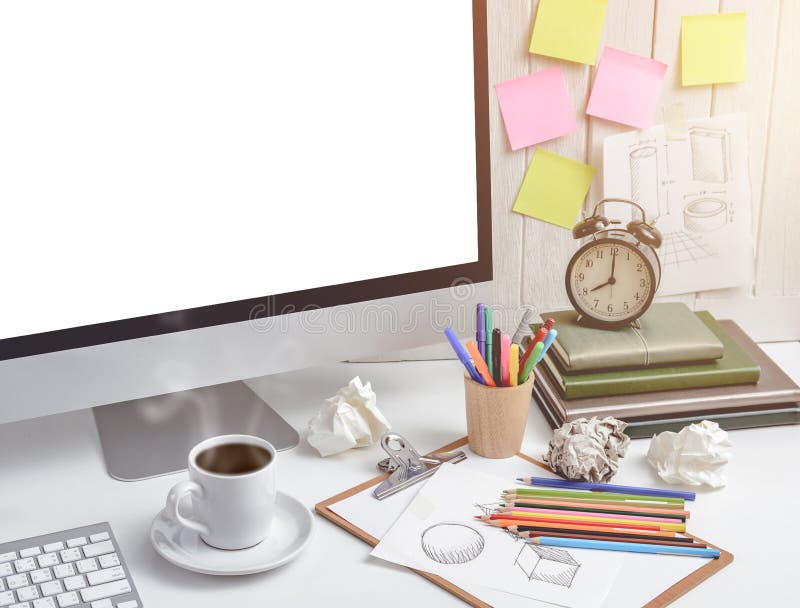 Workplace Background for Designers with Blank White Screen Modern ...