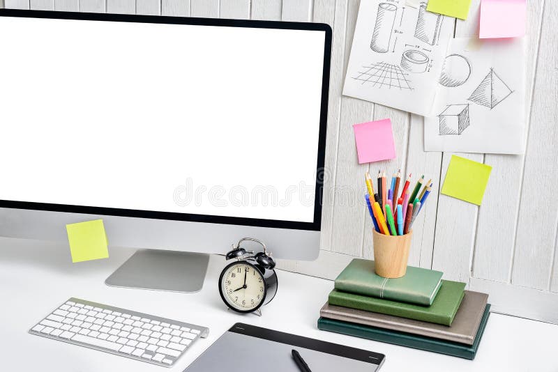Workplace Background for Designers with Blank White Screen Modern ...