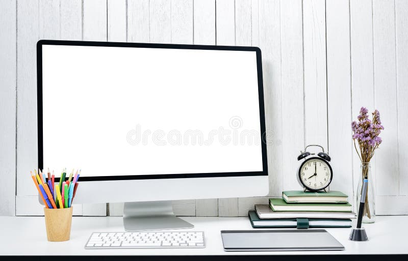 Workplace Background for Designers with Blank White Screen Modern ...