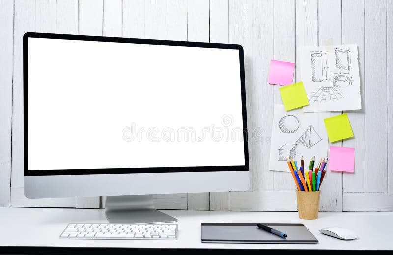 Workplace Background for Designers with Blank White Screen Modern ...