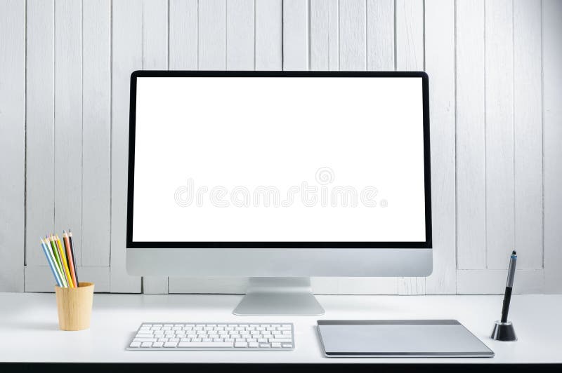 Workplace Background for Designers with Blank White Screen Modern ...