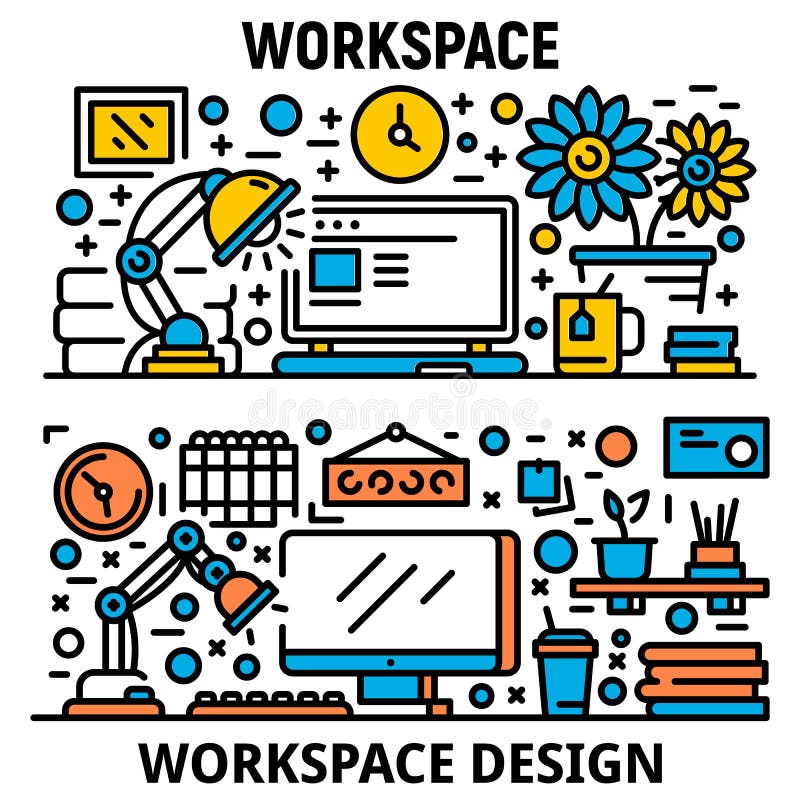 Workplace Banner Set, Outline Style Stock Vector - Illustration of ...