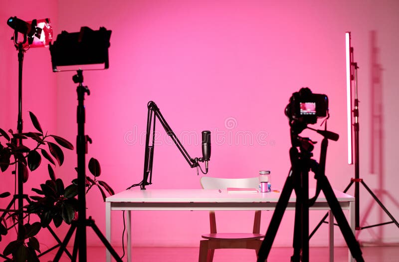 Workplace of Blogger in Studio Stock Image - Image of stream, neon ...