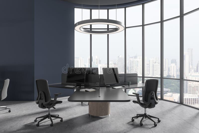 Workplace in Blue Open Space Office with Round Table Stock Illustration ...