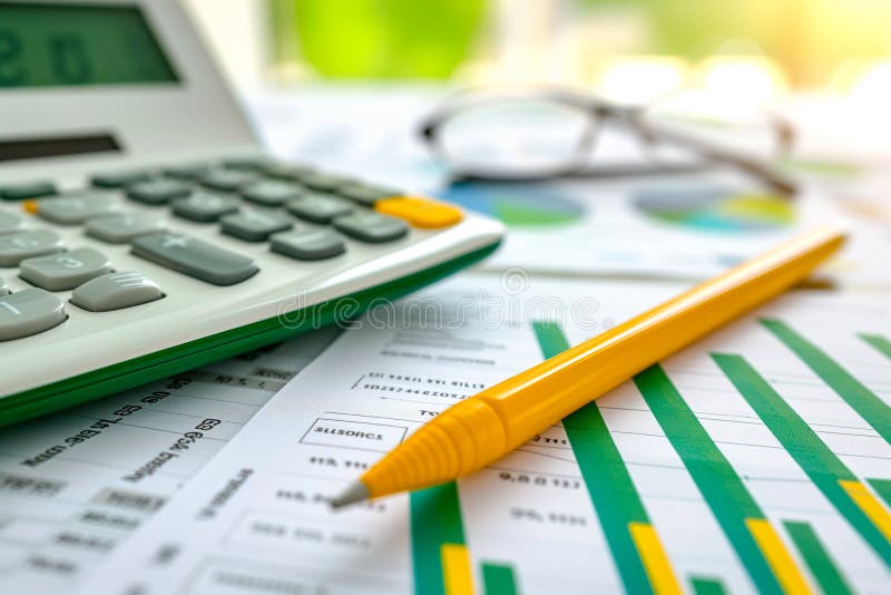 Workplace of Bookkeeper with Calculator and Papers on Desk Office ...