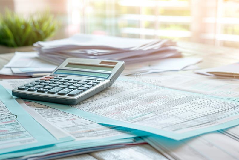 Workplace of Bookkeeper with Calculator and Papers on Desk Office ...