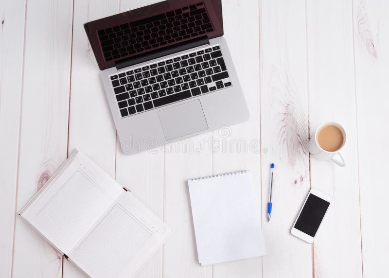 Workplace Business. Laptop, Coffee, Pen Notebook Stock Image - Image of ...