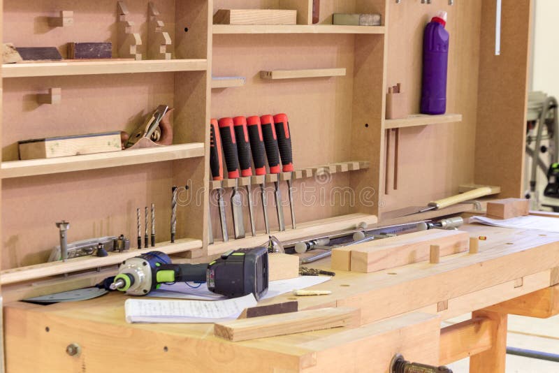 Workplace Carpenter, Workbench with a Variety of Carpentry Tools. Stock ...