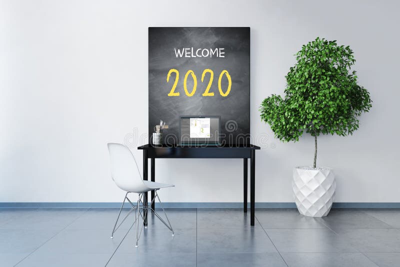 Workplace and Chalkboard with Message WELCOME 2020 Stock Illustration ...