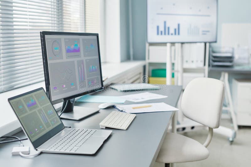 Workplace of Chemist with Computers Stock Photo - Image of table ...