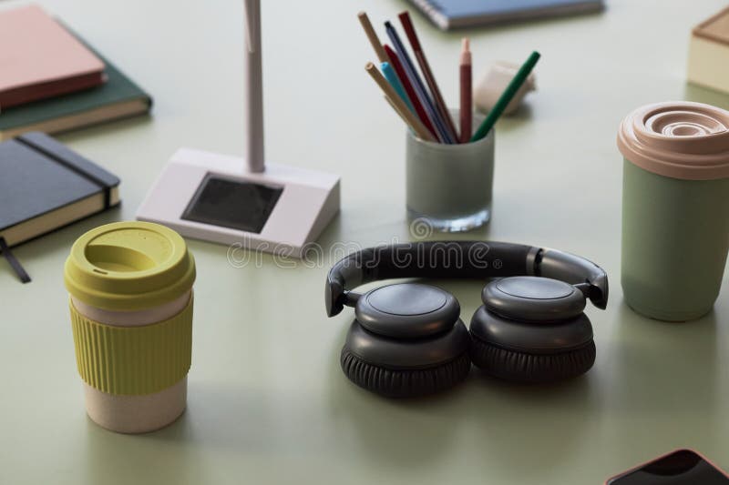 Workplace with Coffee Drink and Headphones Stock Photo - Image of ...