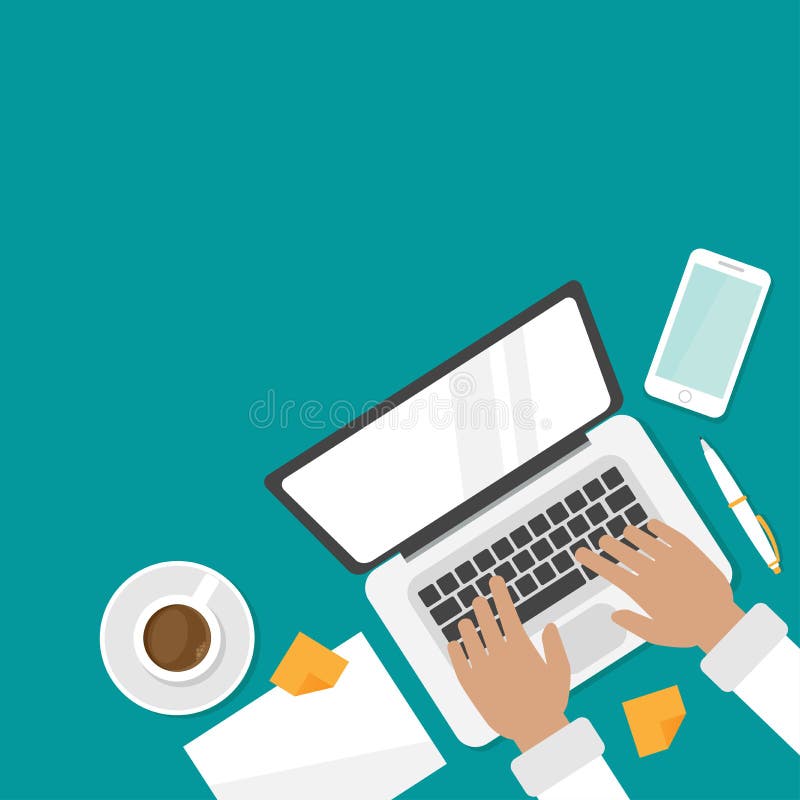 Workplace with Coffee Smartphone and Laptop with Hands on the Keyboard ...