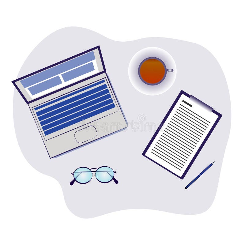 Workplace with Computer Cup of Coffee Tablet Paper Glasses and Pen ...