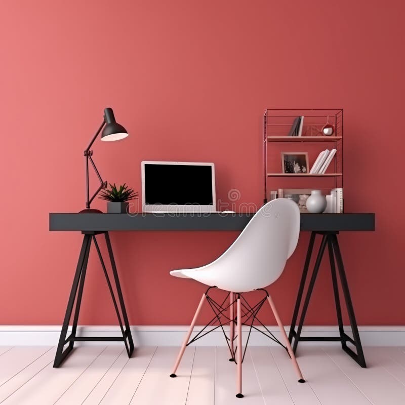 Workplace with Computer, Bookshelf and Chair in Red Room. Minimalistic ...
