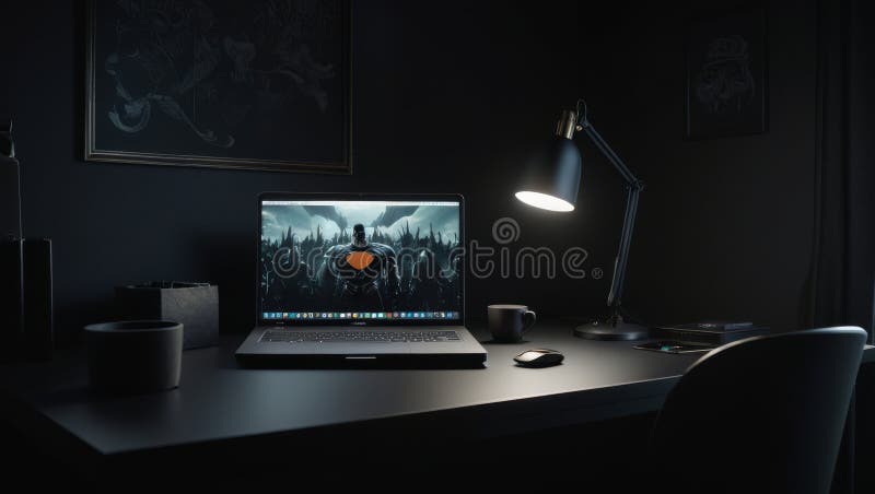 Workplace in Dark Room with Computer and Coffee Cup. 3d Rendering Stock ...