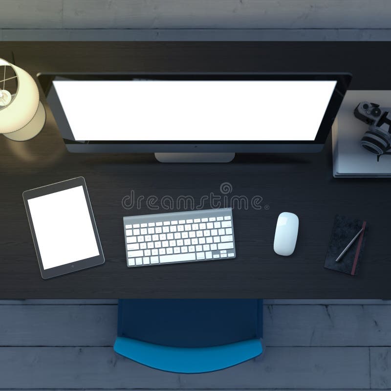 Workplace with a Computer in Dark Room Stock Image - Image of display ...