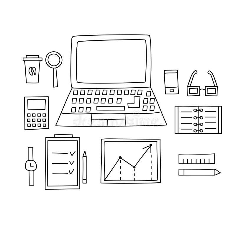 Desk with a Computer or Workplace in Office Drawn by Hand Doodle Style ...