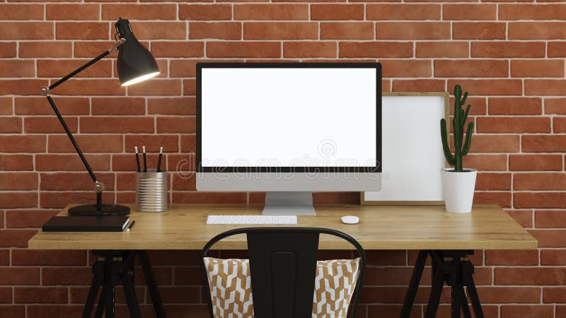 Workplace with a Computer. Interior with Brick Wall Stock Illustration ...