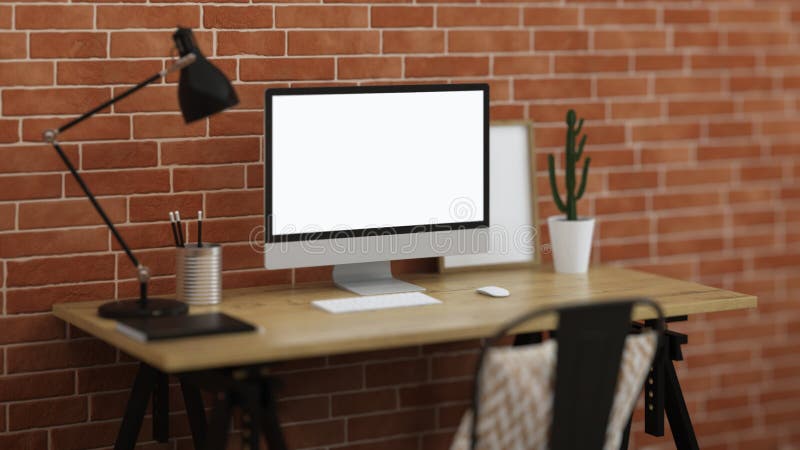 Workplace with a Computer. Interior with Brick Wall Stock Image - Image ...