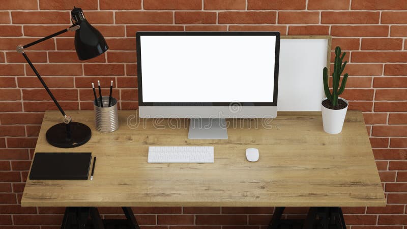 Workplace with a Computer. Interior with Brick Wall Stock Illustration ...