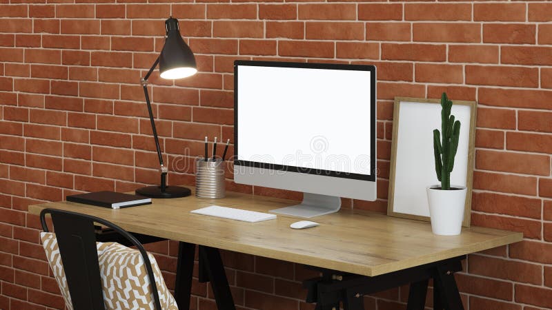 Workplace with a Computer. Interior with Brick Wall Stock Illustration ...