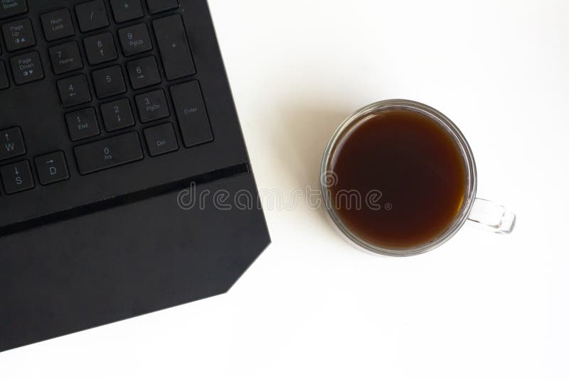 Workplace, Computer Keyboard, Coffee, Notebook and Pen on a White ...