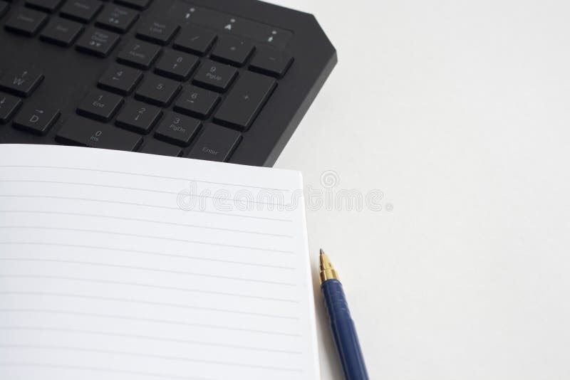Workplace, Computer Keyboard, Notebook for Writing and Blue Pen Stock ...