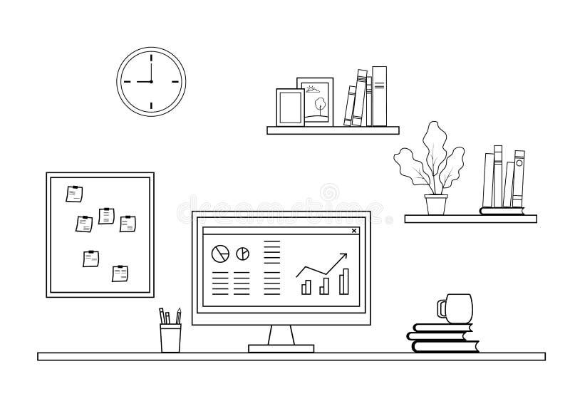 Workplace with Computer. Line Art in Flat Style Stock Vector ...