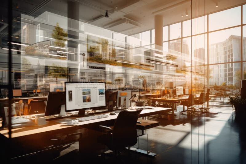 Workplace with a Computer in a Modern Office with Glass Partitions ...