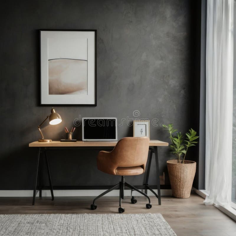 Workplace with Computer, Plant and Chair in Room. Interior Design Stock ...