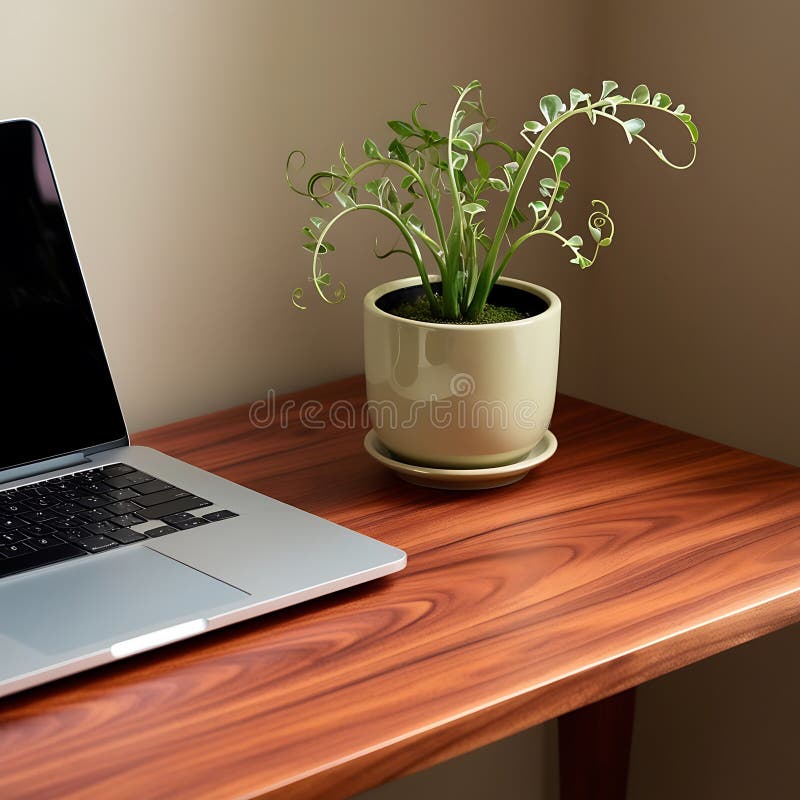 Workplace with Computer and Plant on Wooden Table. Light Brown Stock ...