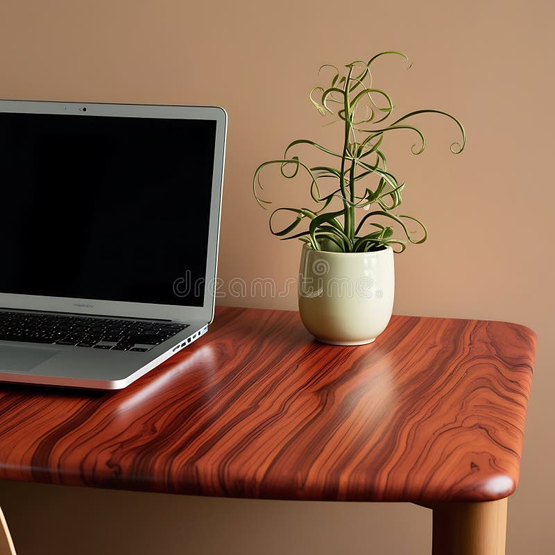Workplace with Computer and Plant on Wooden Table. Light Brown Stock ...