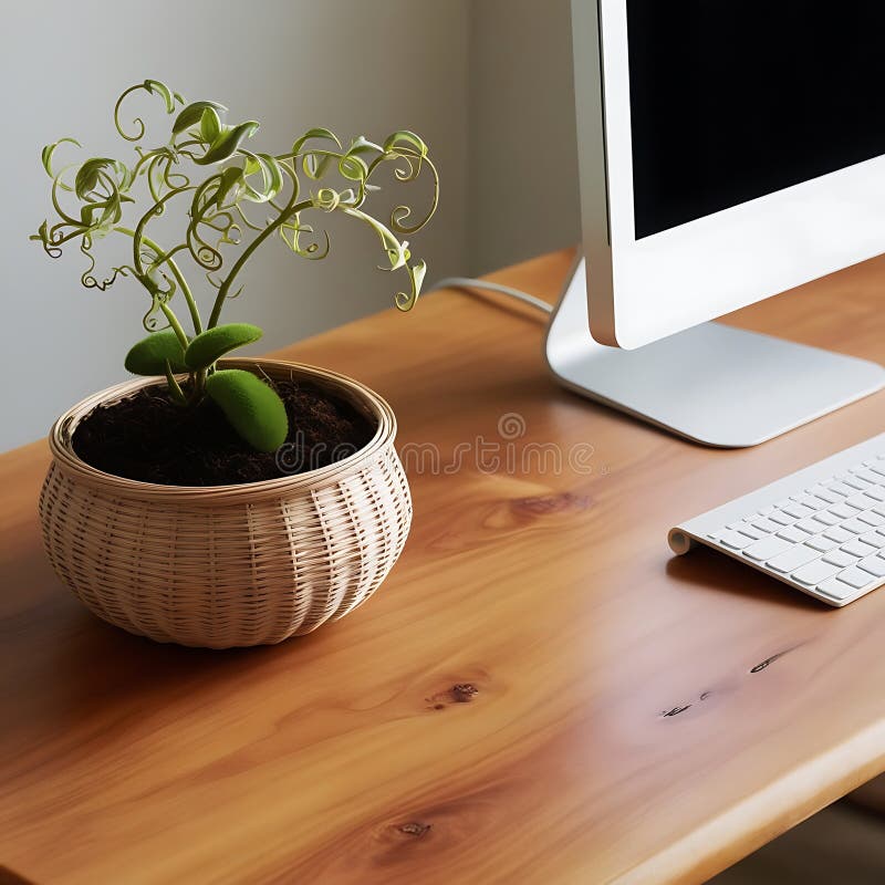 Workplace with Computer and Plant on Wooden Table. Light Brown Stock ...
