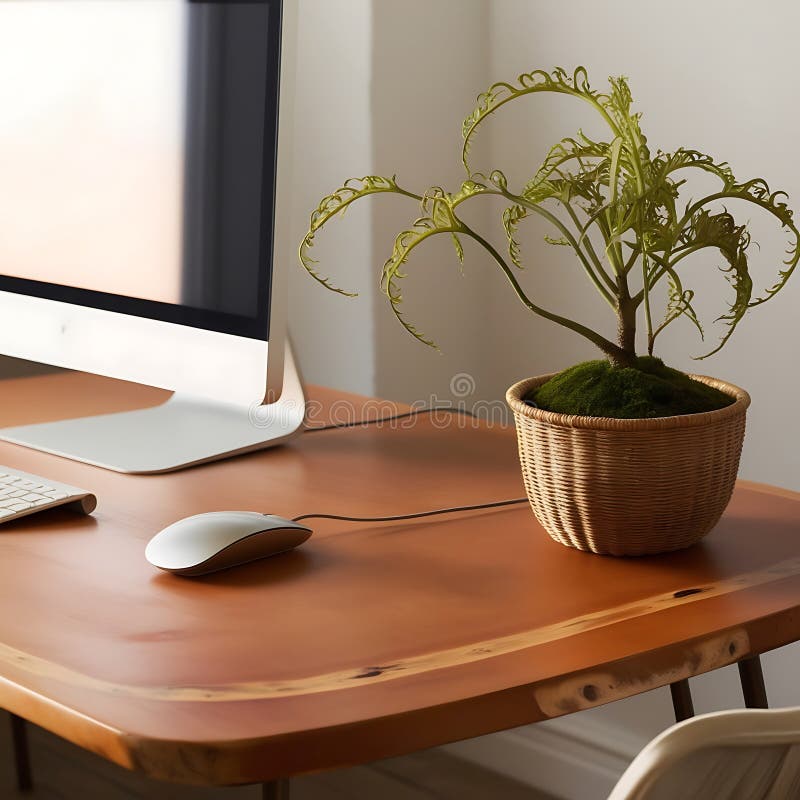 Workplace with Computer and Plant on Wooden Table. Light Brown Stock ...