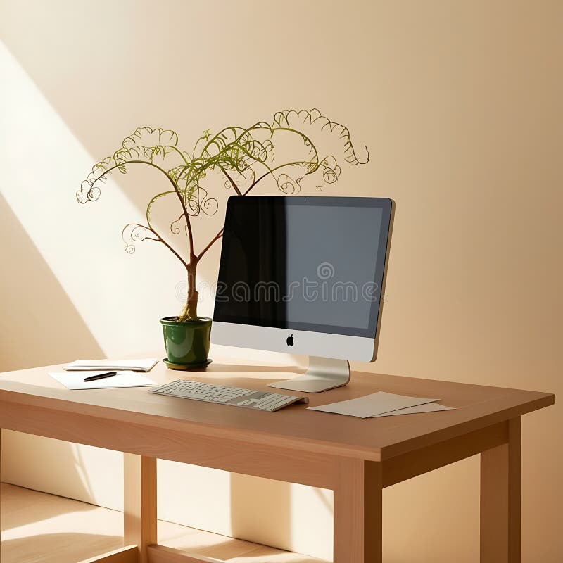 Workplace with Computer and Plant on Wooden Table. Light Brown Stock ...