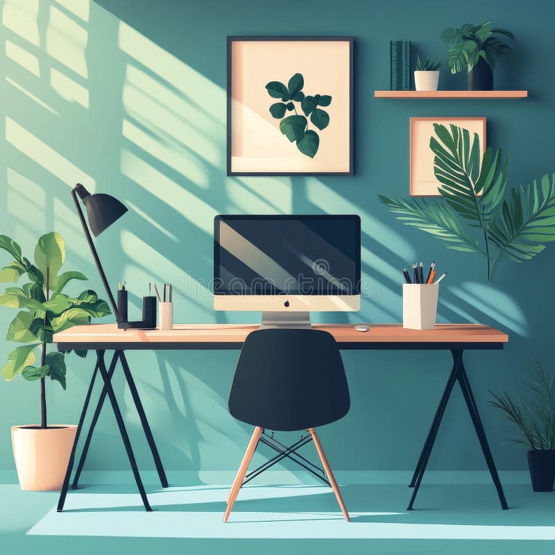Workplace with Computer and Plants on the Table. Vector Illustration ...