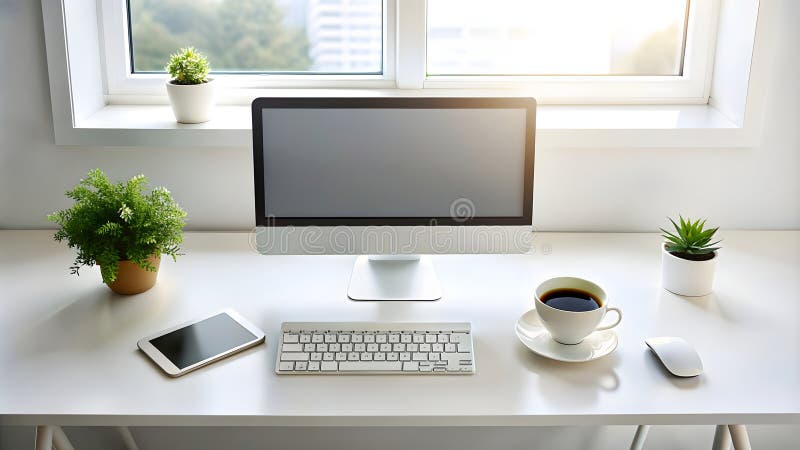 Workplace with Computer, Smartphone and Coffee Cup on Windowsill ...
