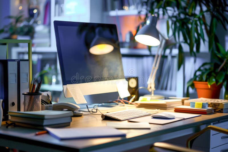 Workplace with Computer and Stationery on Table in Office at Night ...