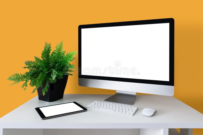 Workplace with Computer and Tablet. Stock Photo - Image of white ...