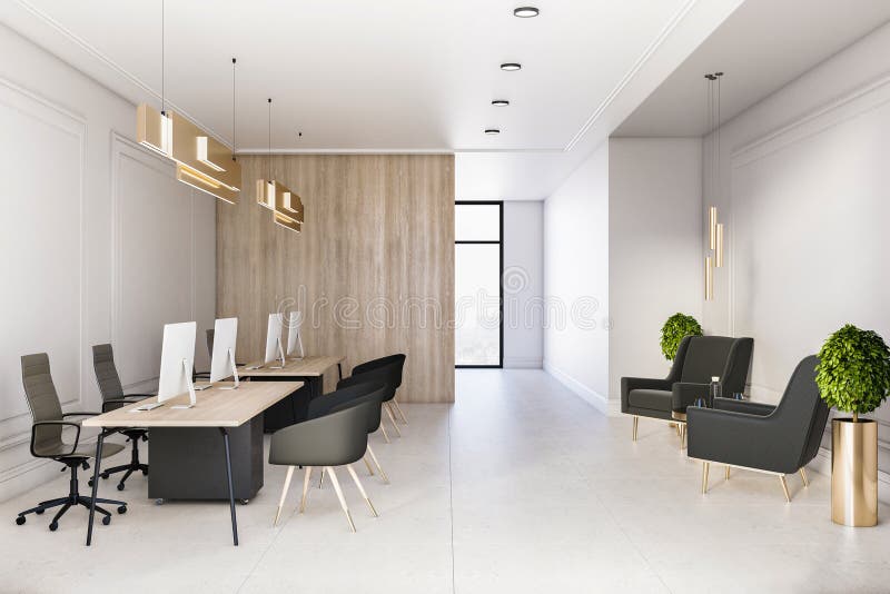 Workplace with Computers on Table, Chairs, Decor Plants and City View ...