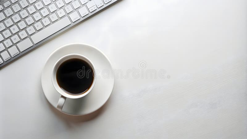 Workplace with Cup Coffee and Computer Keyboard on White Table, Top ...