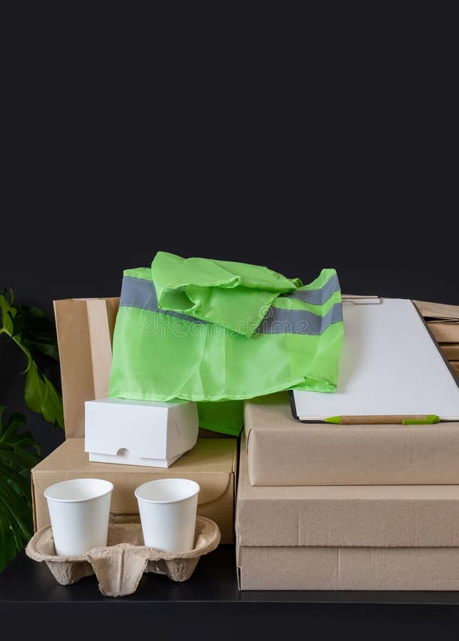 Delivery Service Box Green Vest Cup Coffee Workplace Table a Lot Note ...