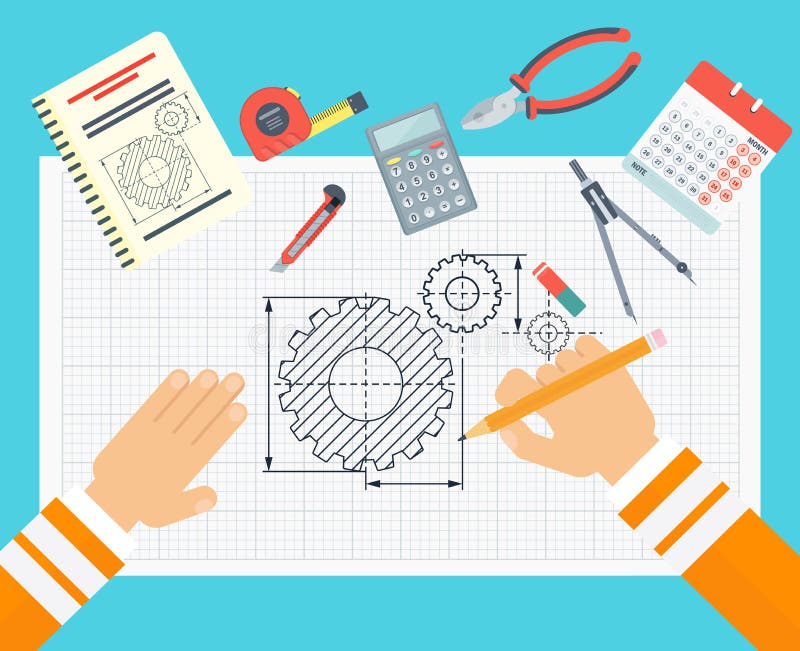 Design Engineer Workplace .Technical Drawing Background.Mechanical ...