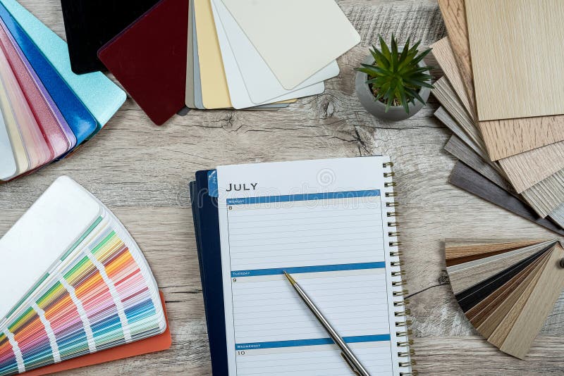 Workplace of Designer Empty Notepad with Pen and Wooden Color Palettes ...
