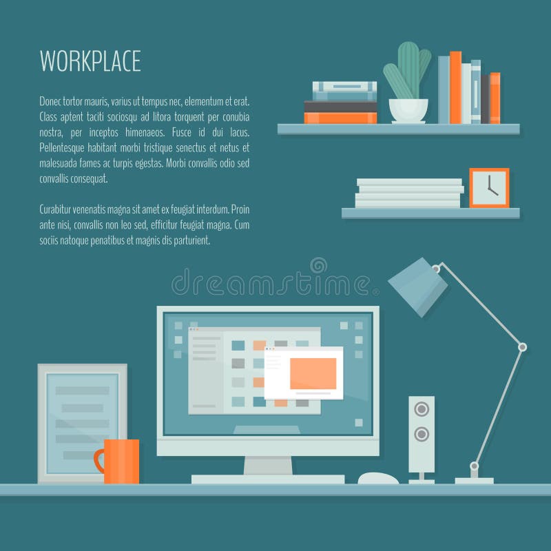 Workplace with Desk, Computer, Shelves and Equipment. Workspace Stock ...