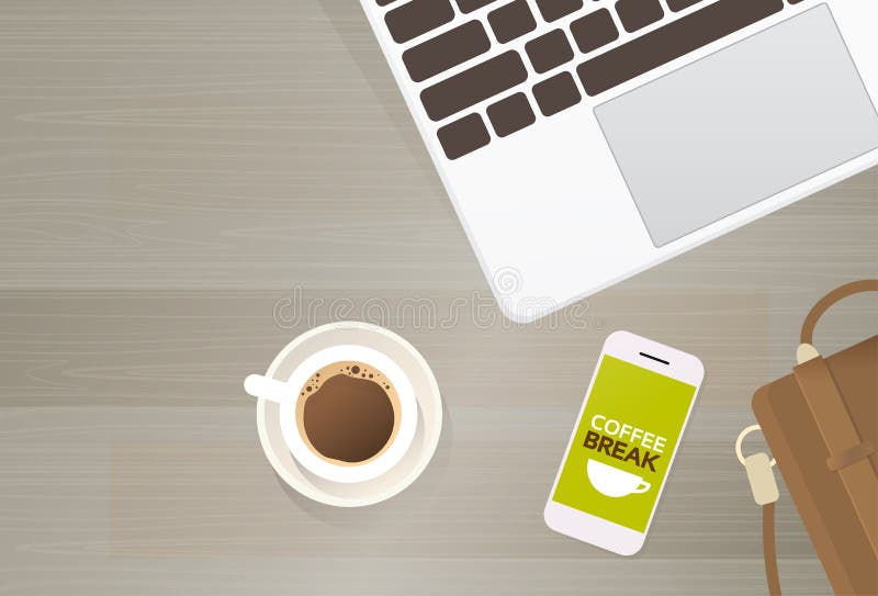 Workplace Desk Laptop Computer Cell Smart Phone Coffee Suitcase Top ...