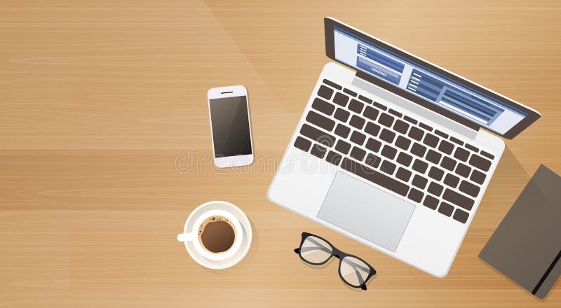 Workplace Desk Laptop Computer Cell Smart Phone Coffee Top Angle View
